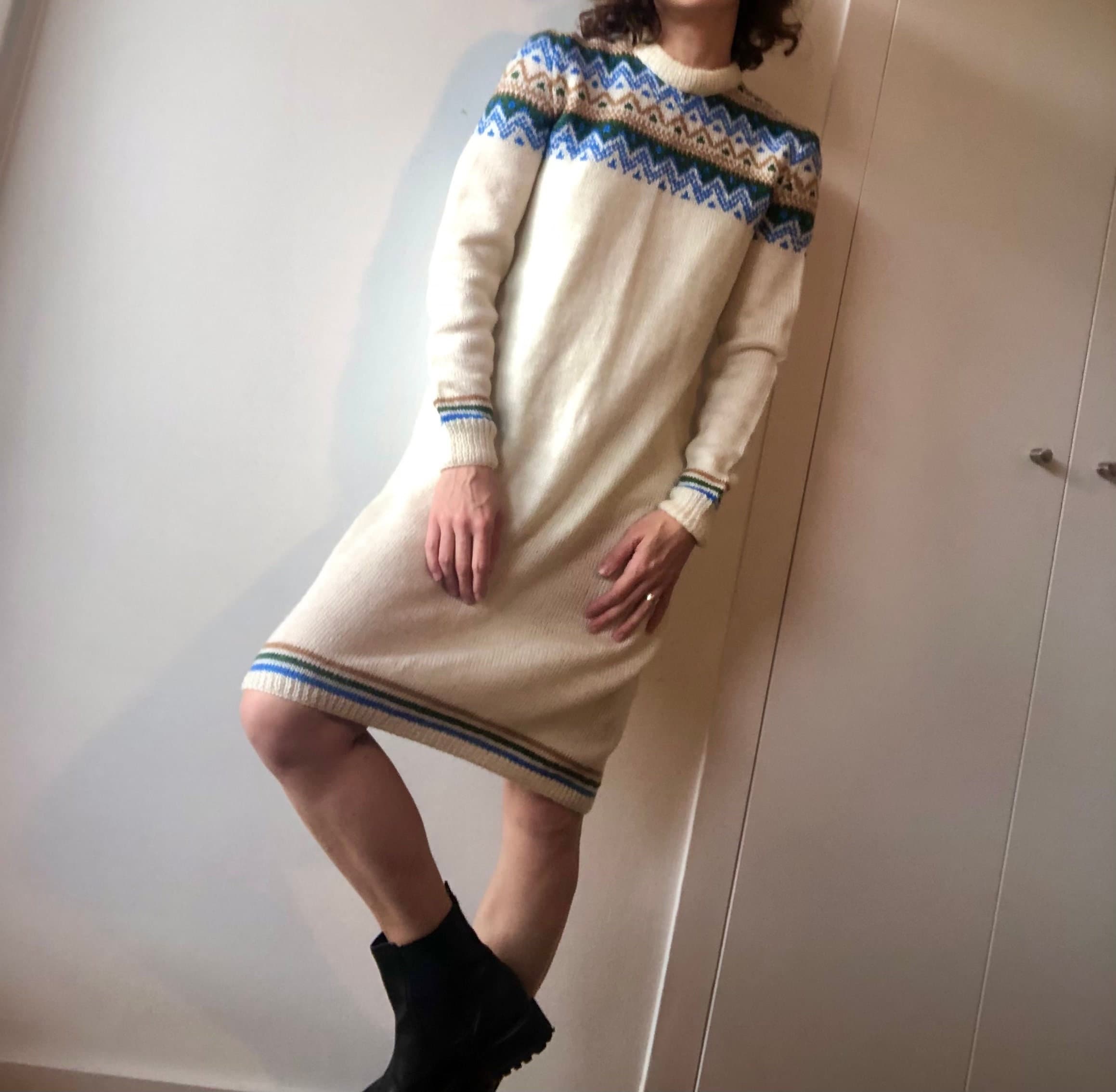 New Handknit Vintage Pure Wool Fair Isle Sweaterdress, Nordic Knit ...