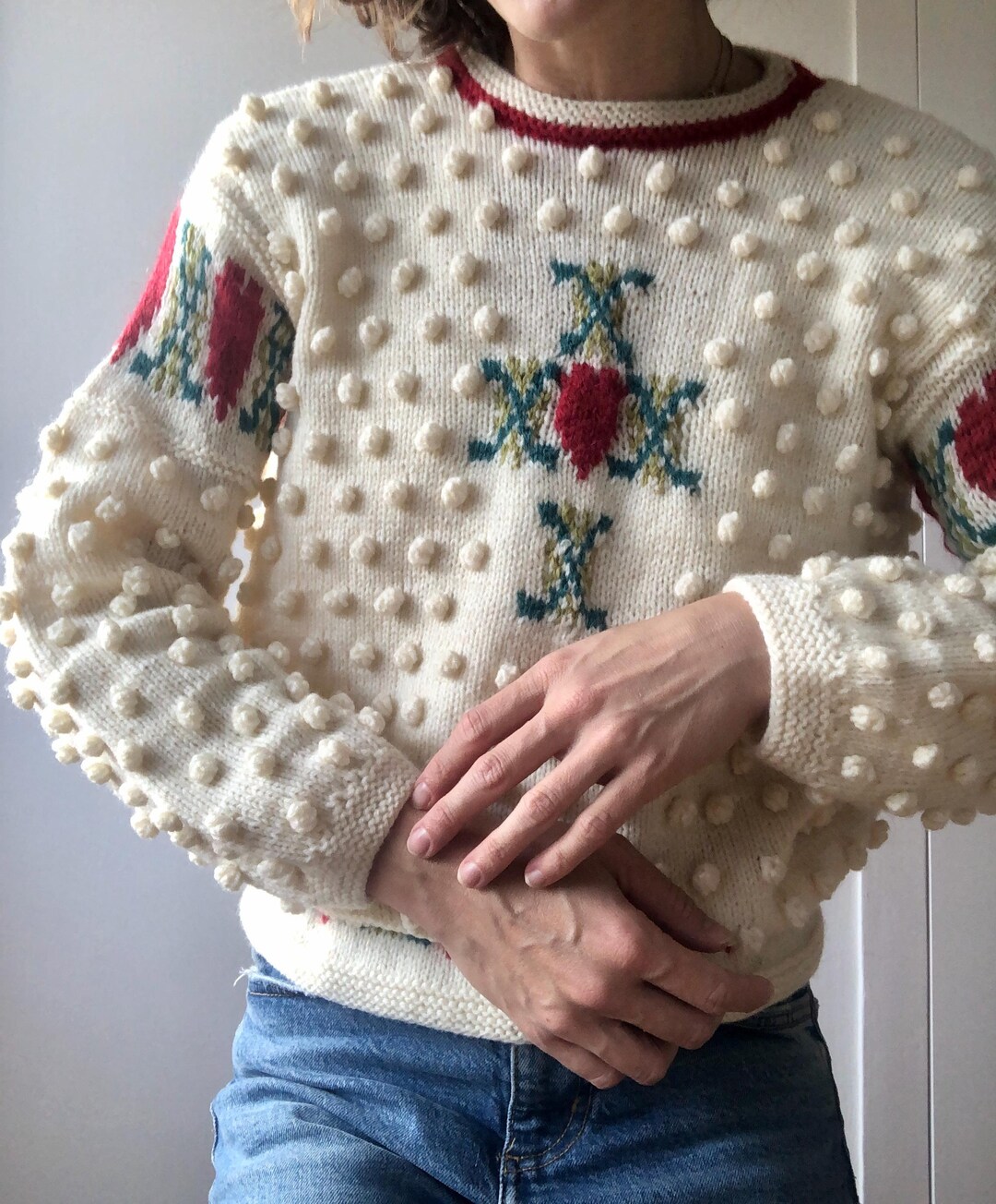 Handmade Vtg Off-white Creamy Chunky Fisherman Acrylic Wool Sweater S ...