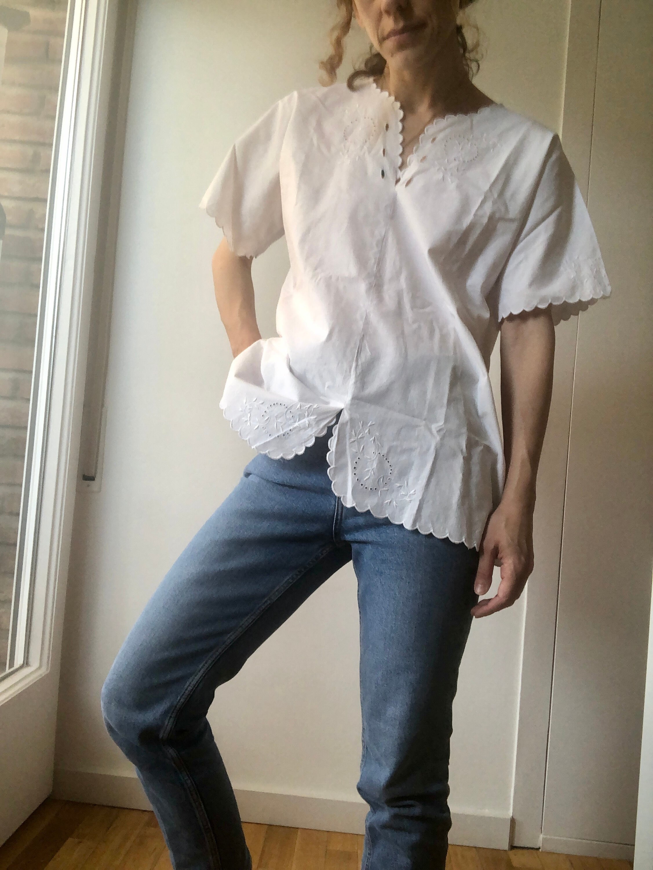 Vintage French Boxy Shirt Tablecloth Floral Cutout Embroidery Lace ...