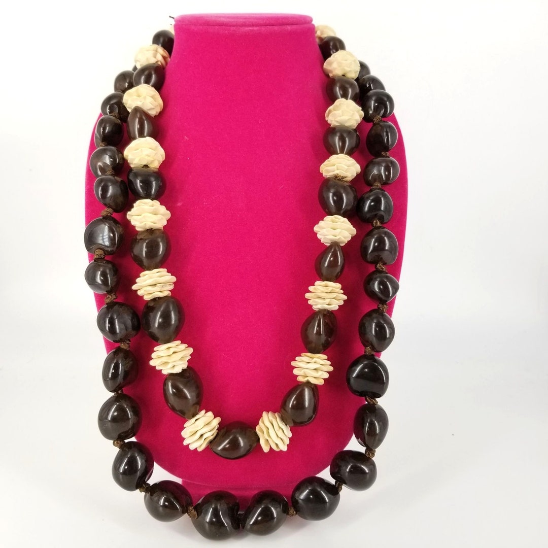 Hawaiian Glass Wood Carved Bead Nut Long Necklace Lei Set Pair 14" 16 ...