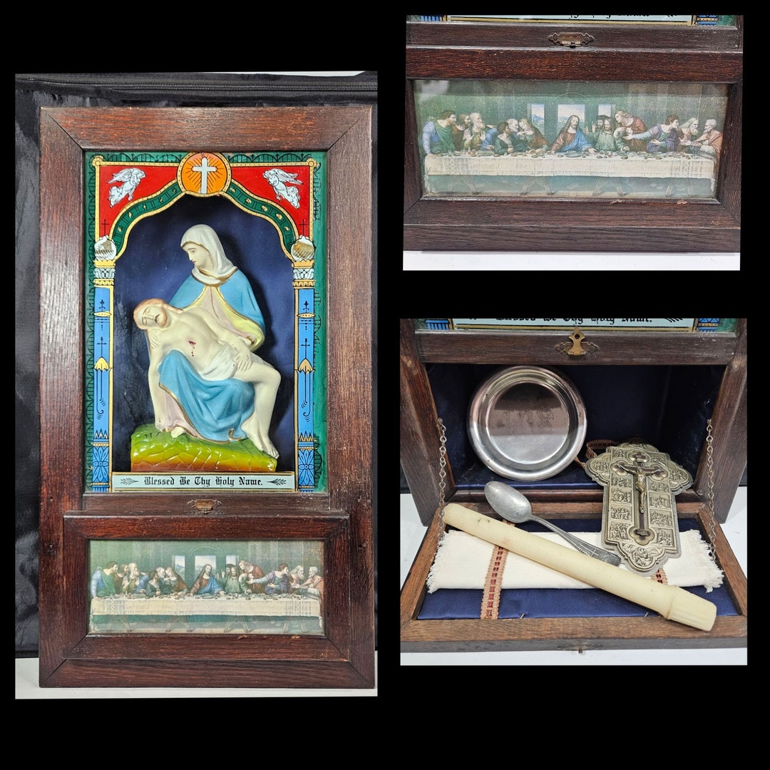 Antique Catholic Christian Sick Call Last Rite Kit Altar Prayer Wall ...