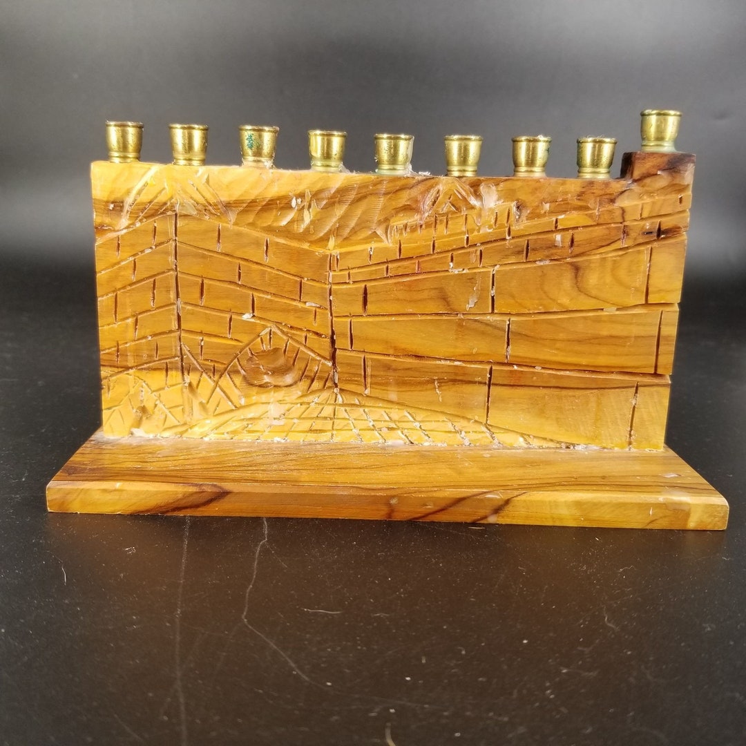 Jewish Menorah Wooden Hand Carved Wailing Wall Candle Holder Jerusalem ...