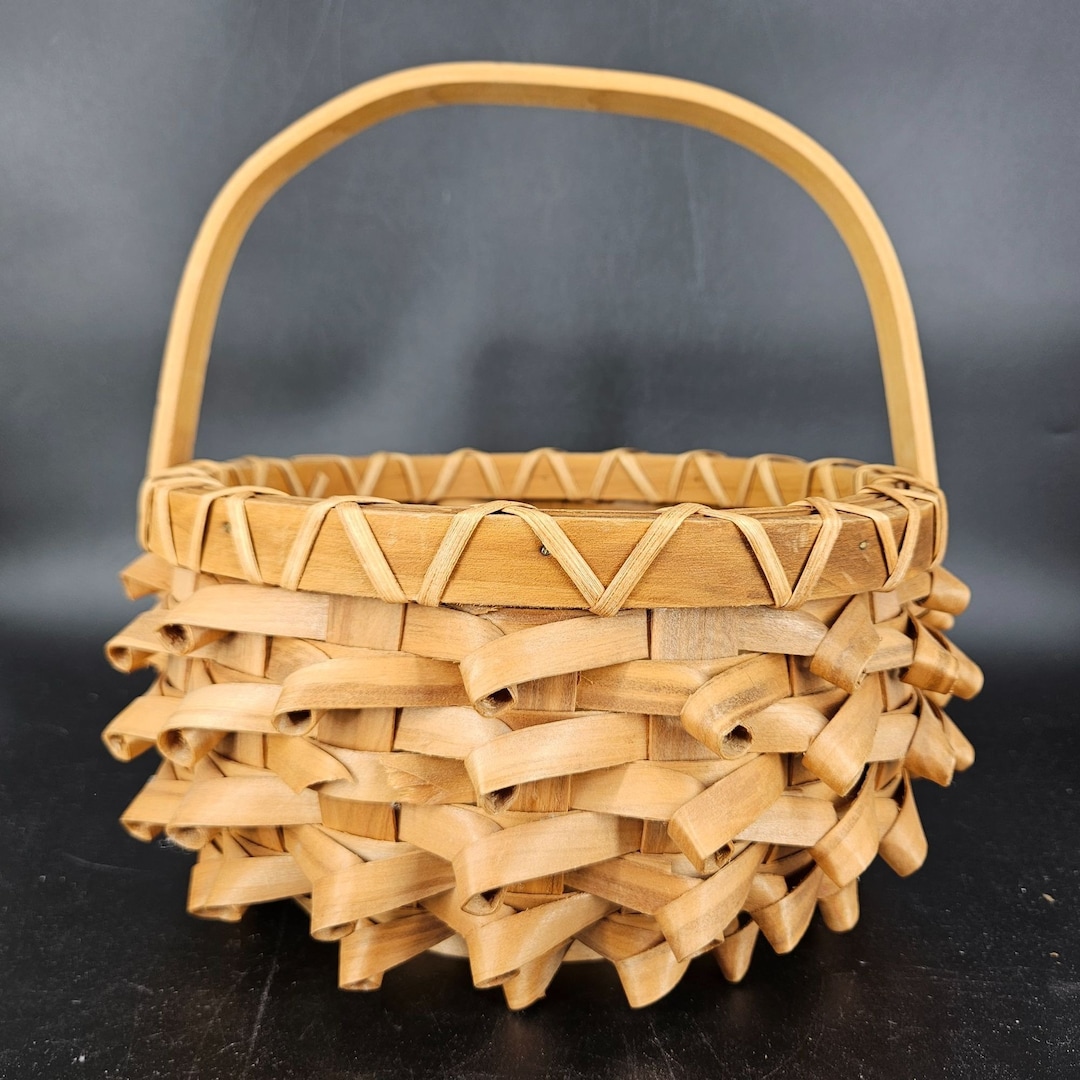 Vintage Porcupine Curls Pokey Round Wicker Basket With Handle Woven ...