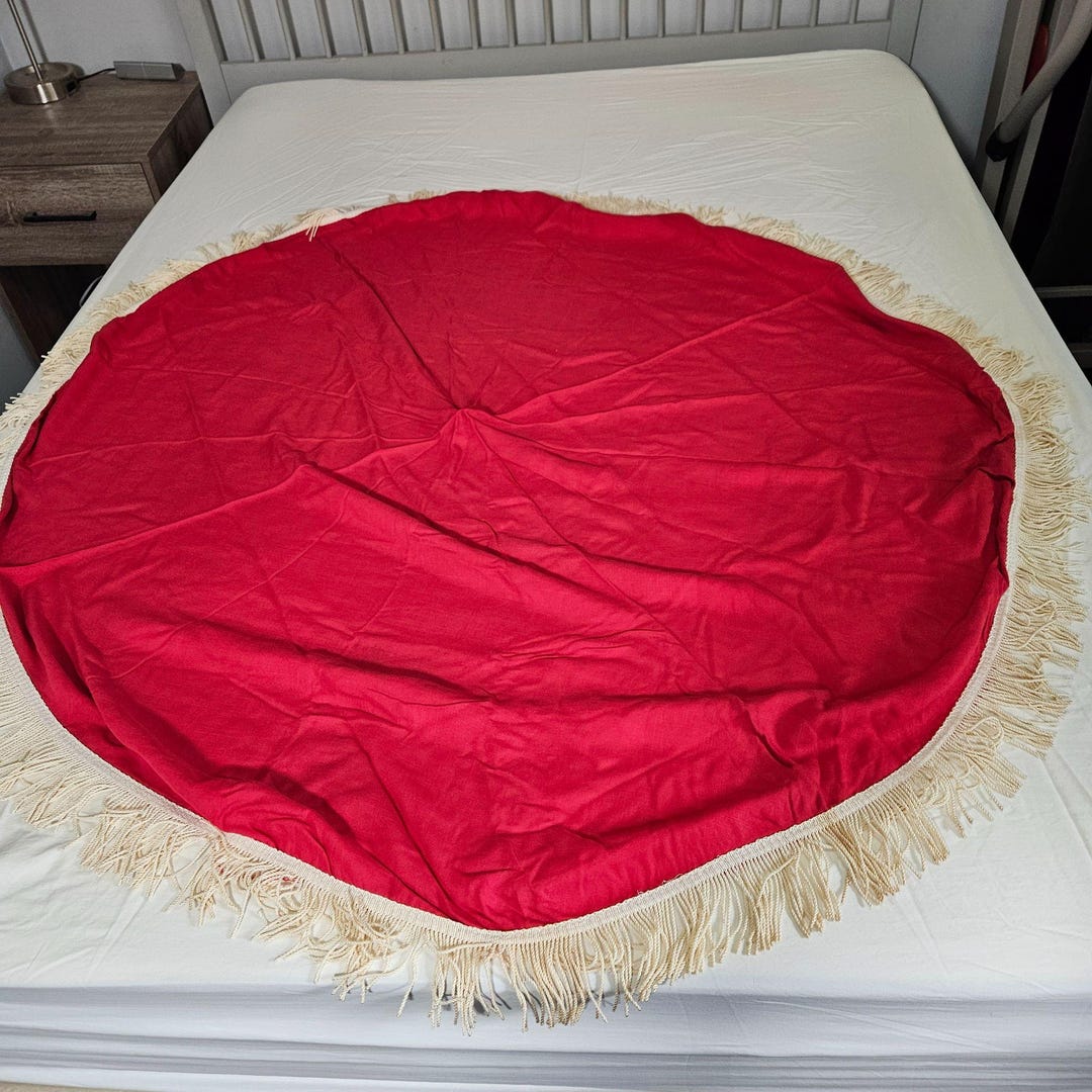 64" Round Circle Tablecloth Linen Cover Cloth Red White Fringe Dining ...
