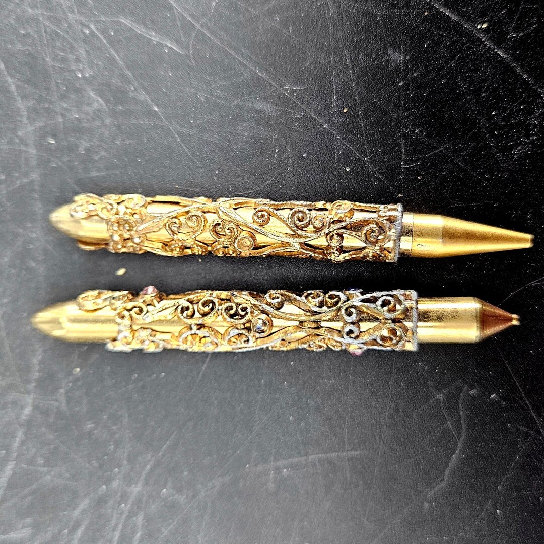 Vintage Bridge Mini Writing Pen Pencil Set Compact Jewels Gold Tone 2. ...