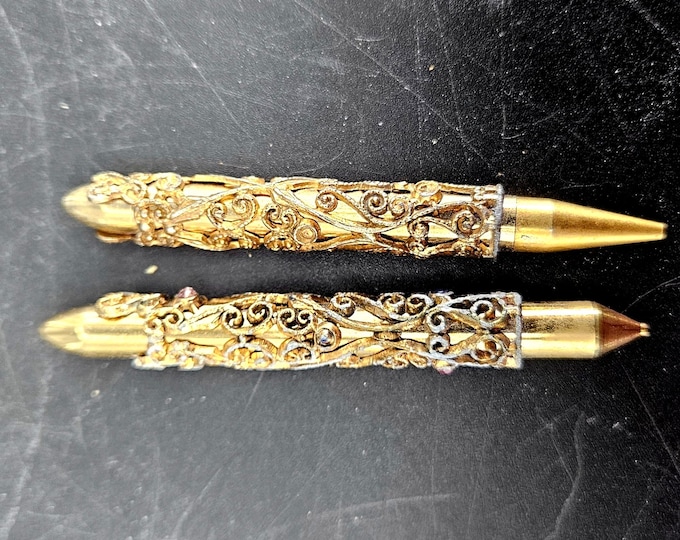 Vintage Bridge Mini Writing Pen Pencil Set Compact Jewels Gold Tone 2. ...