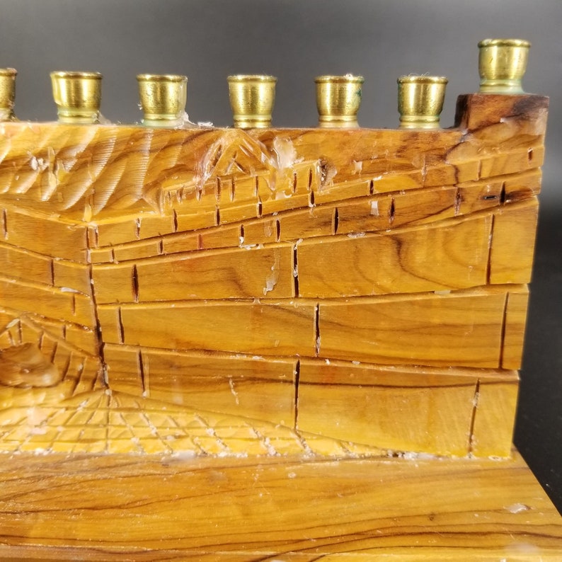 Jewish Menorah Wooden Hand Carved Wailing Wall Candle Holder Jerusalem ...