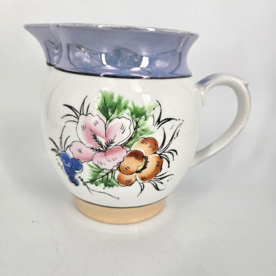 Vintage Japan Lusterware Floral Pitcher Purple Rim Creamer Hand Painted ...