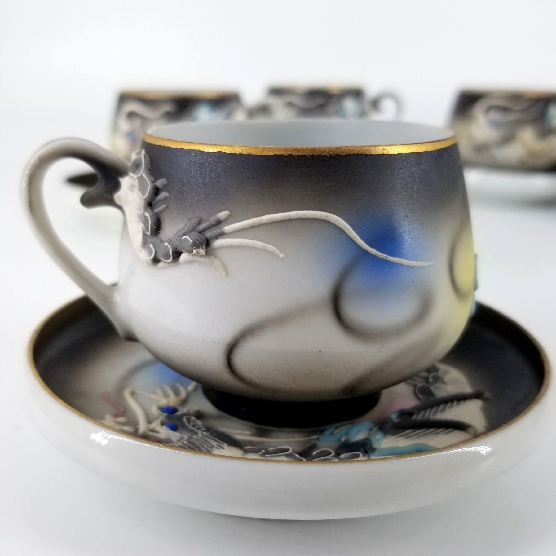 Dragon Ware Japanese Moriage Tutani Set 6 Demitasse Coffee Cup Saucer ...