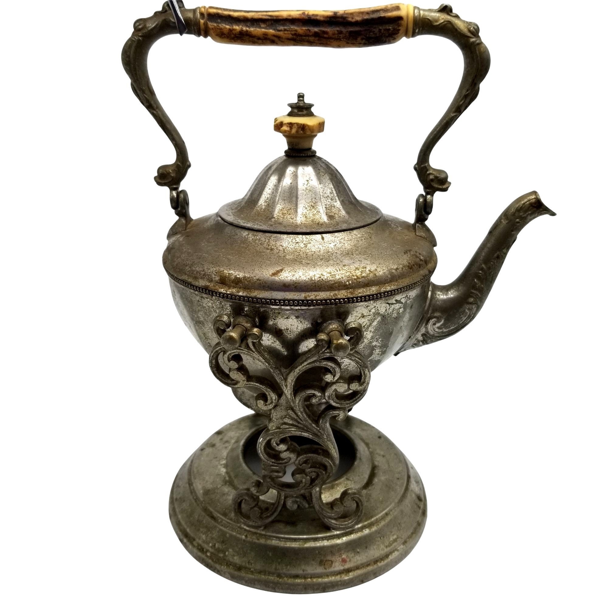 Vintage Tea Pot Kettle Tilt With Stand Lid Ornate Silver Plate Manning ...