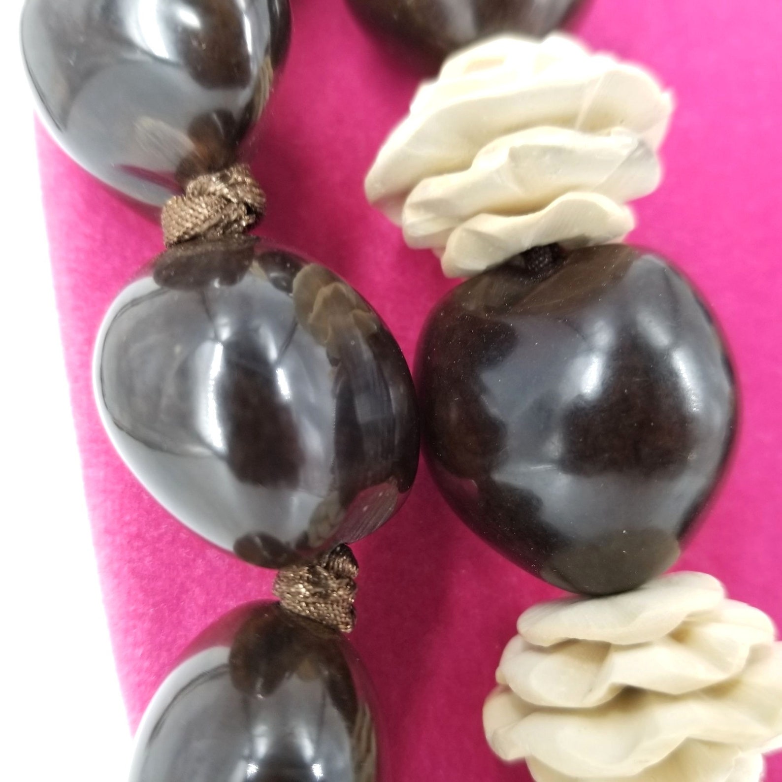 Hawaiian Glass Wood Carved Bead Nut Long Necklace Lei Set Pair 14" 16 ...