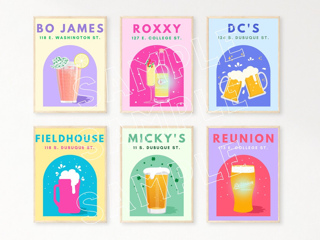 Retro Iowa City Bar Posters Set of 6, DIGITAL DOWNLOAD, Colorful ...