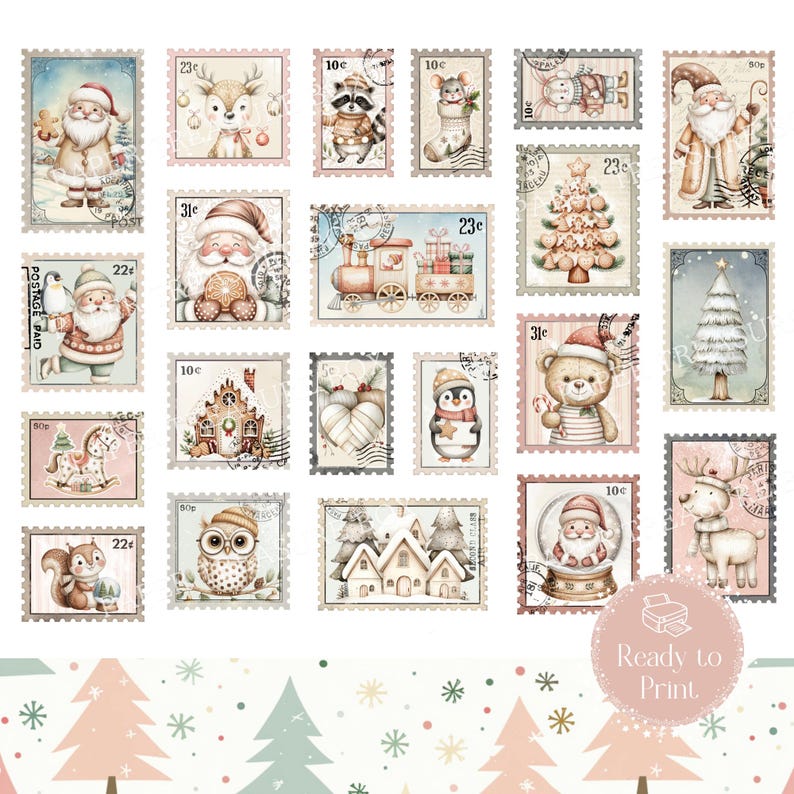 Pastel Christmas Faux Postage Stamps | Whimsical Printable Ephemera for ...
