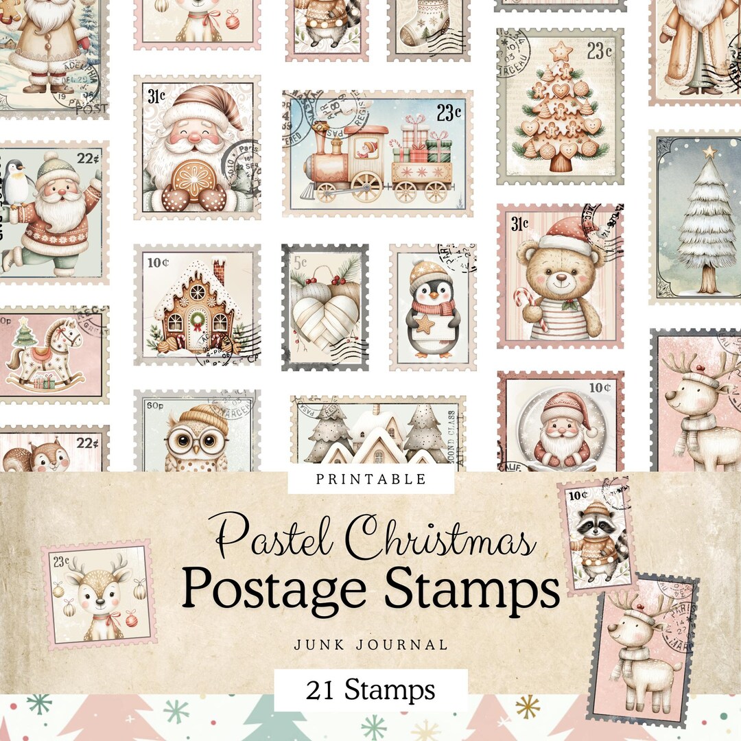 Pastel Christmas Faux Postage Stamps | Whimsical Printable Ephemera for ...