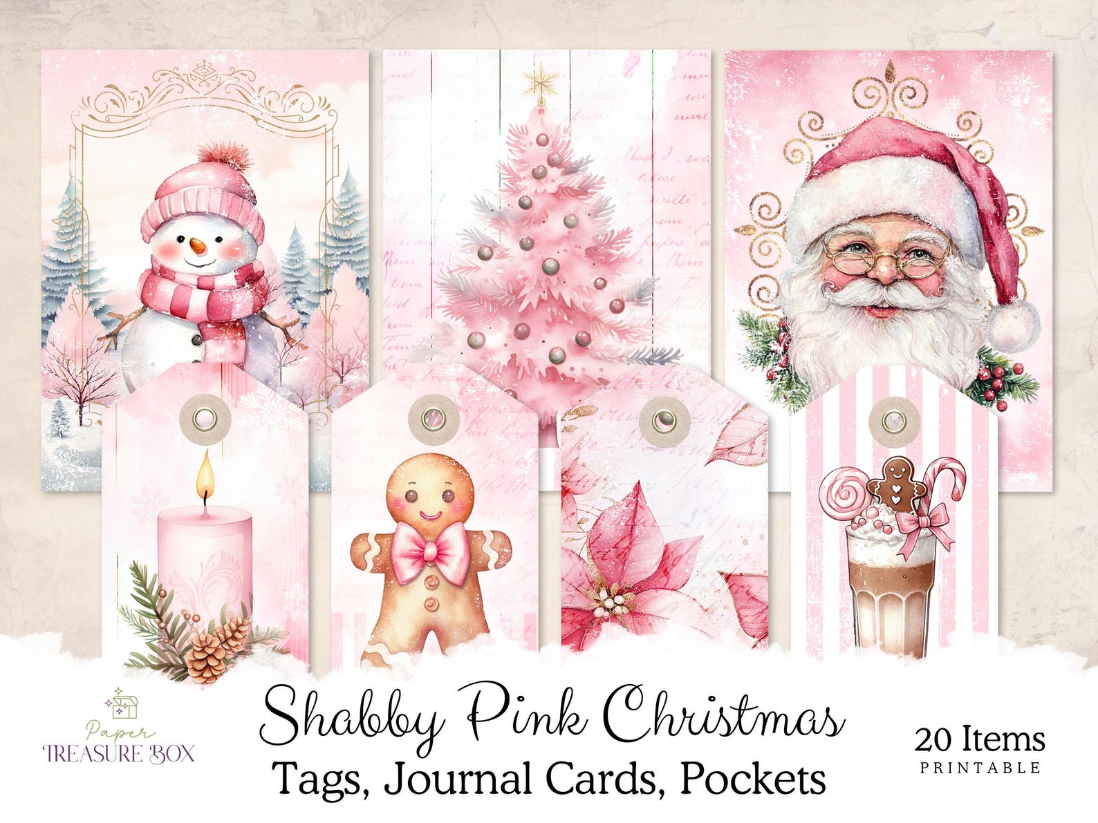 Shabby Chic Pink Christmas Ephemera Kit, Printable for Junk Journaling ...