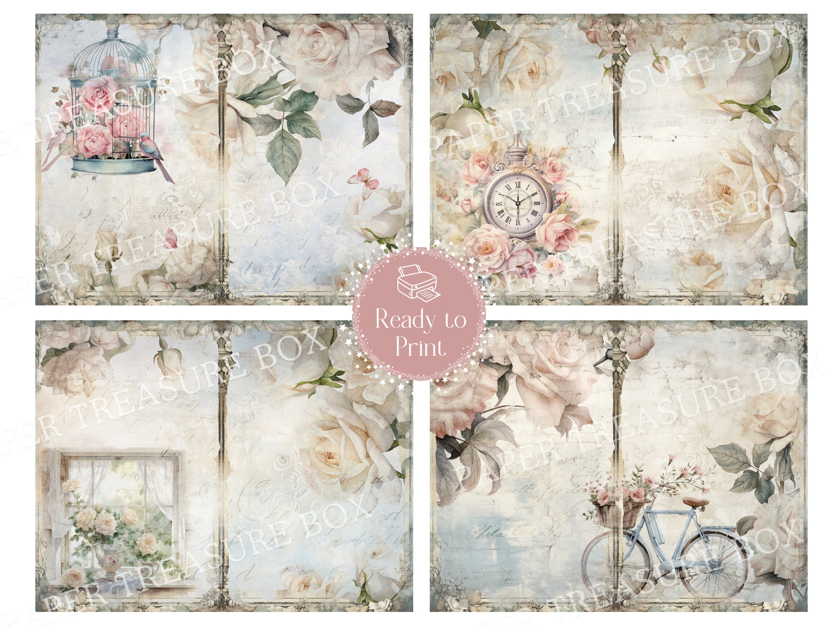Vintage Rose Printable Papers Shabby Chic Junk Journal Pages, Craft ...