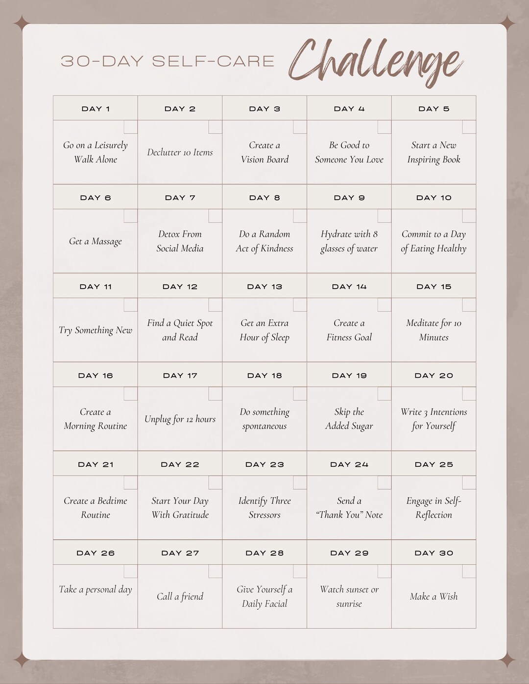 30 Day Self Care Template - Etsy