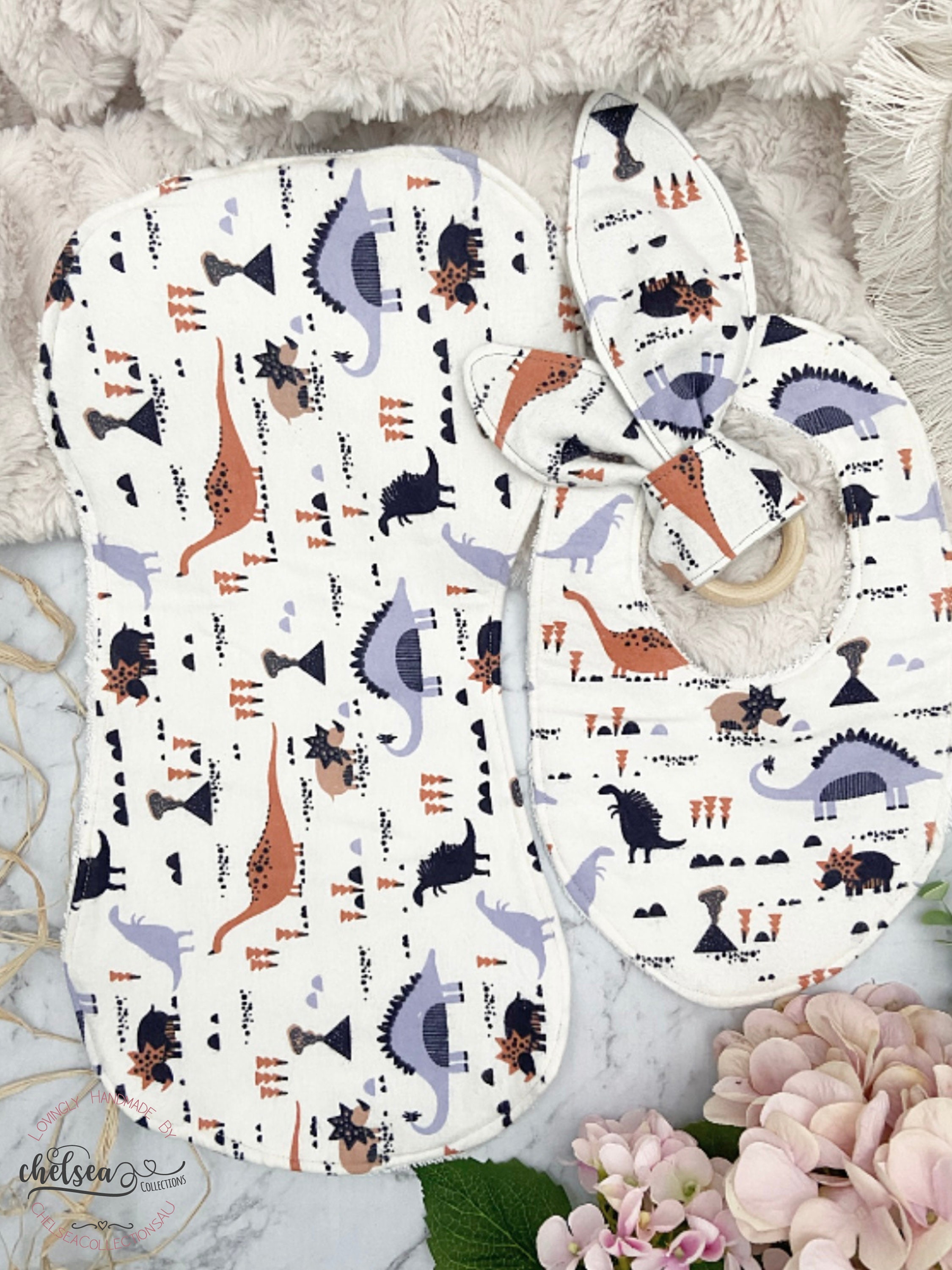 Handmade Baby Set Dinosaur Flannelette Material Burp Cloth, Bib ...