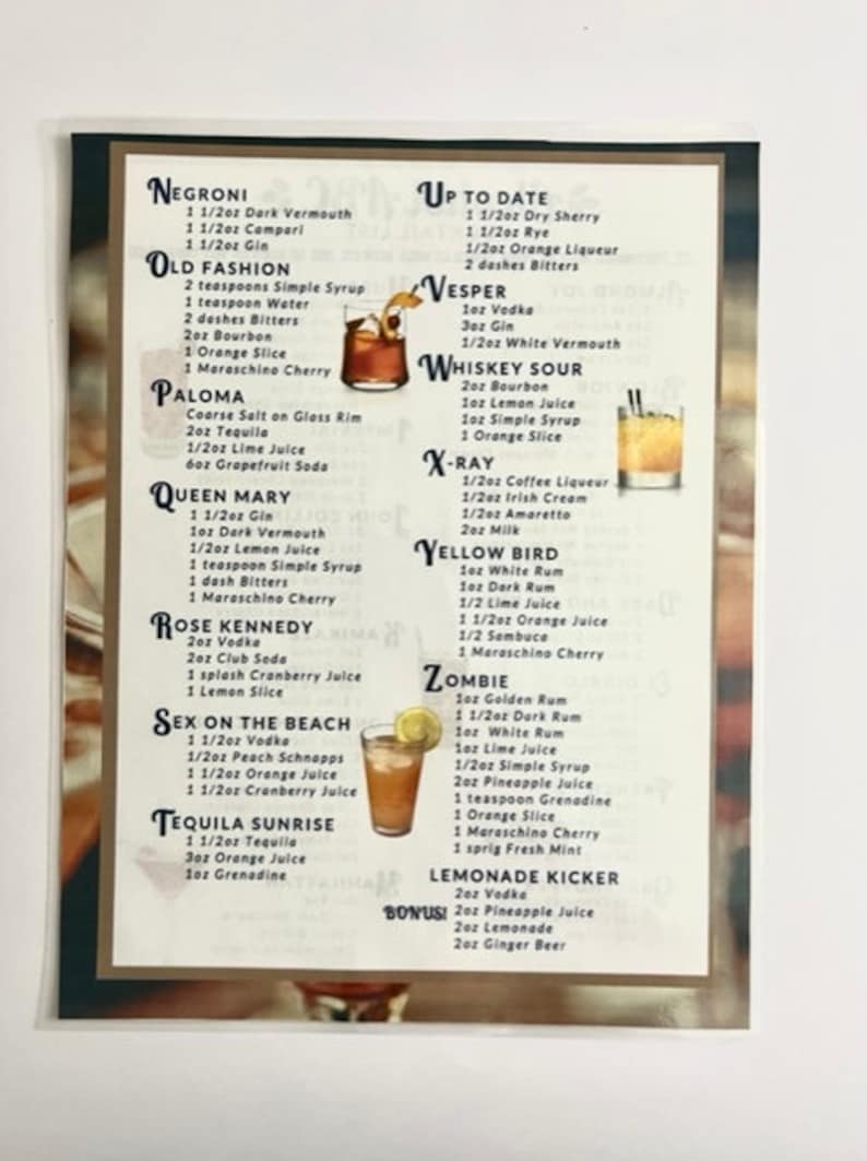 Alcohol ABC Cocktail List of Drink Recipes Printable Bar - Etsy Canada