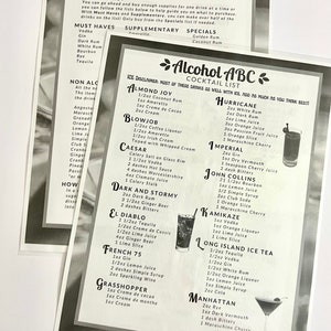 Alcohol ABC Cocktail List of Drink Recipes, Printable Bar Menu, Digital ...