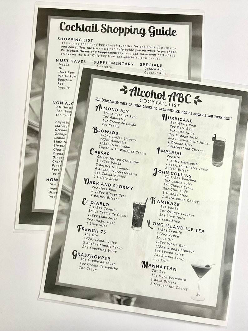 Alcohol ABC Cocktail List of Drink Recipes Printable Bar - Etsy