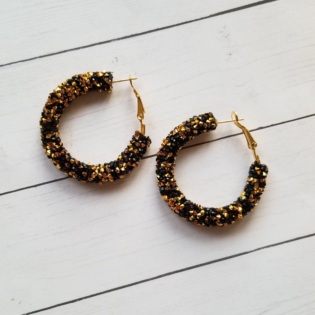 Black and Gold Rhinestone Hoop Earrings, Black and Gold School Spirit ...