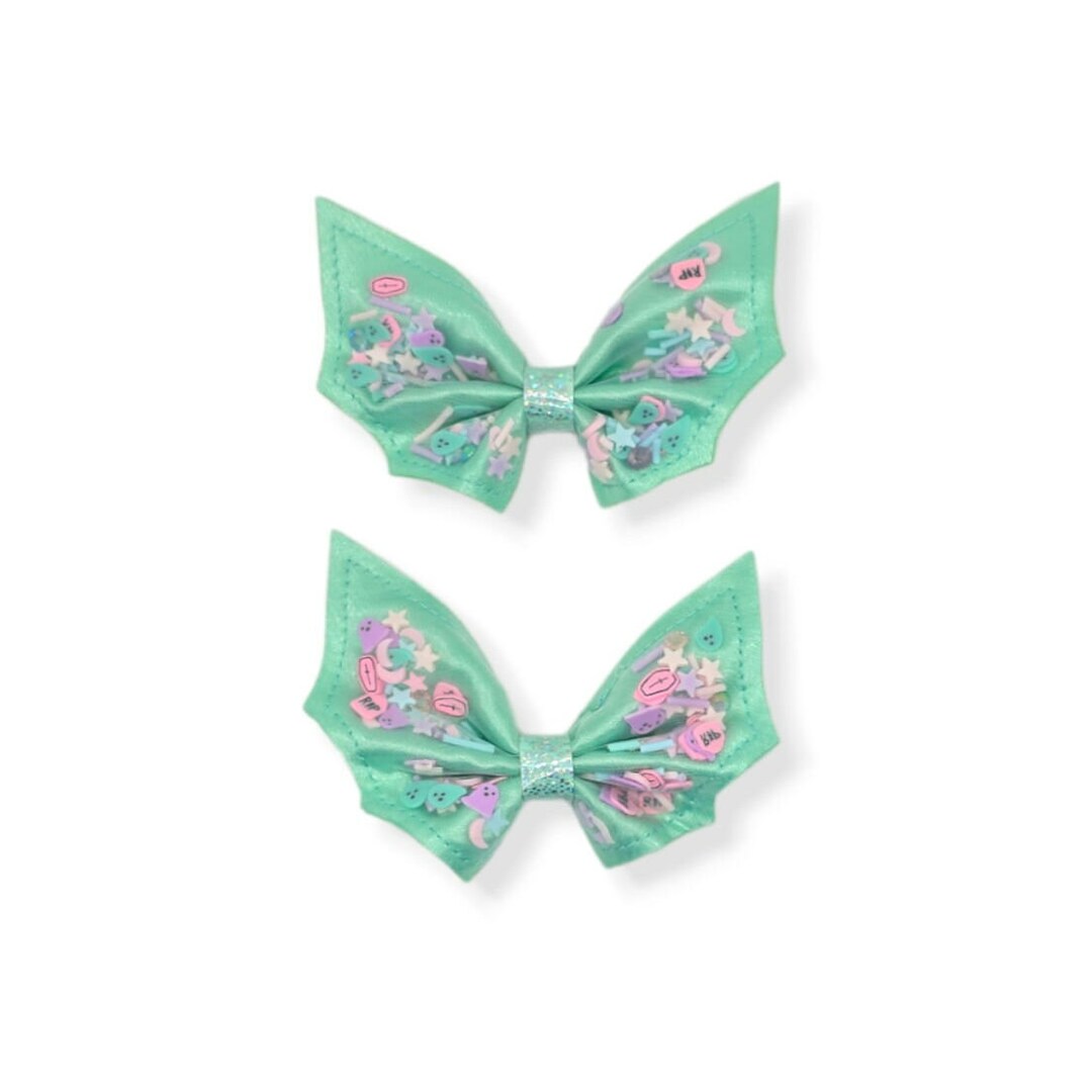 Seafoam Green Bat Shaker Pigtail Bows, Halloween Bat Pigtail Hair Bows ...