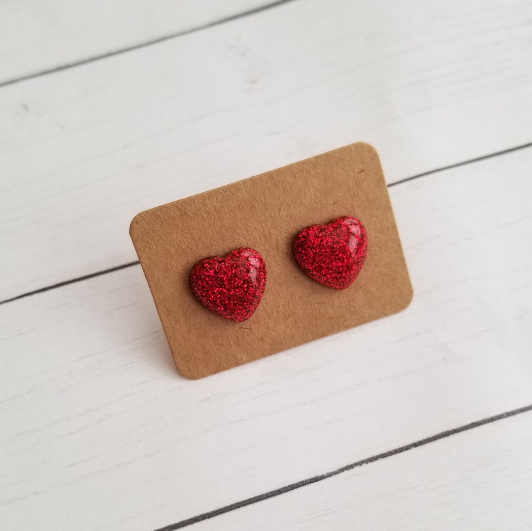 Red Heart Earrings, Red Glitter Heart Cabochon Earrings, Stud Heart ...