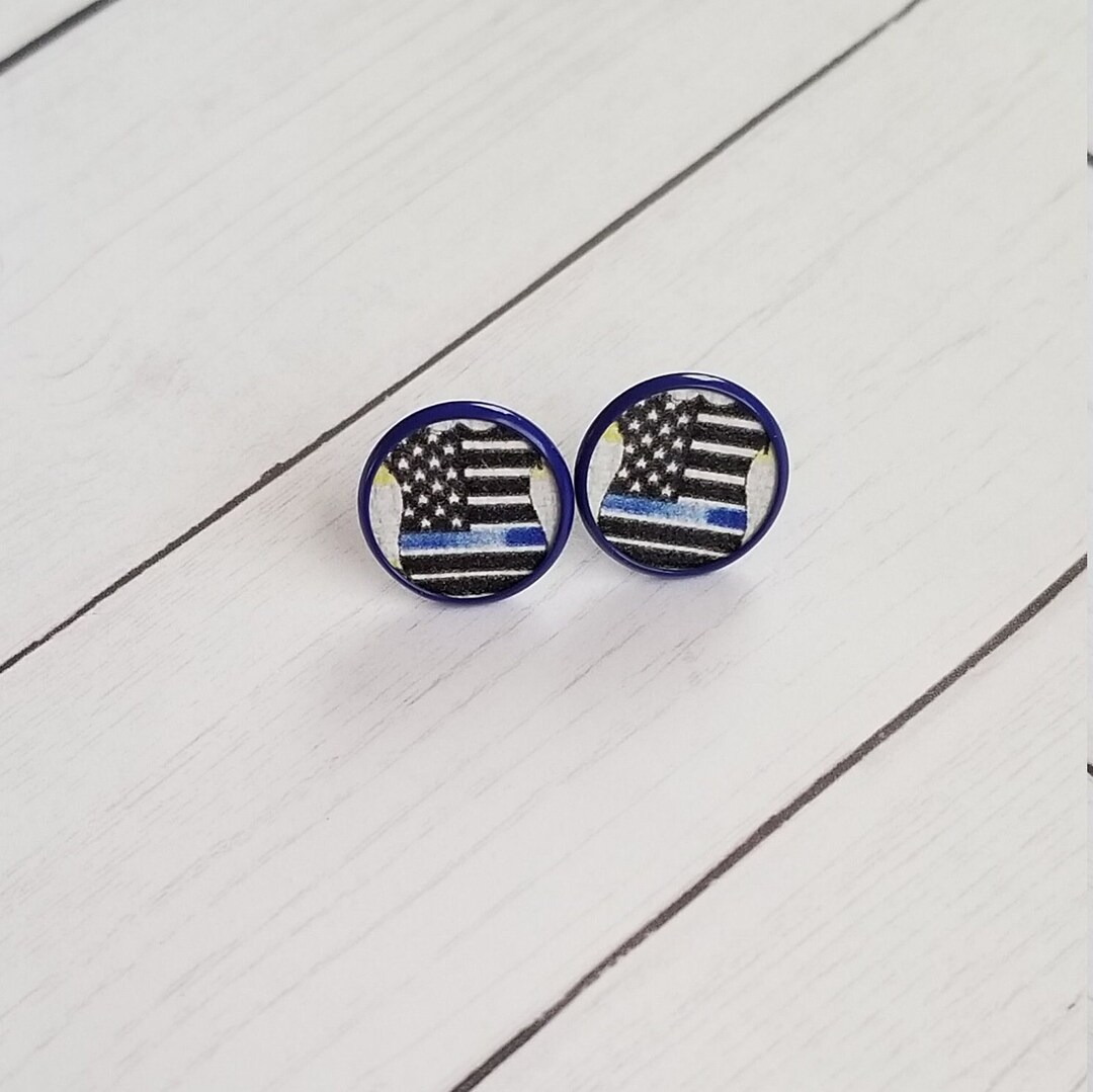 Thin Blue Line Police Badge Stud Earrings - Etsy