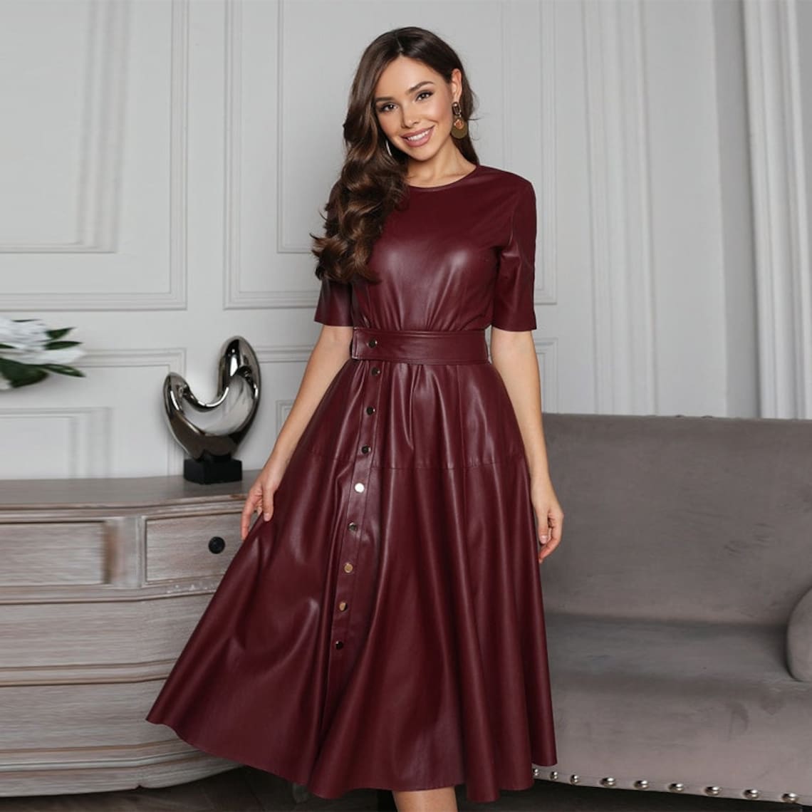 Handmade Women's Lambskin Leather Dress Burgundy Leather - Etsy