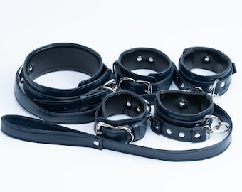 Navy Blue Bondage Set, Restraints Kit With Silver Hardware, Leather ...