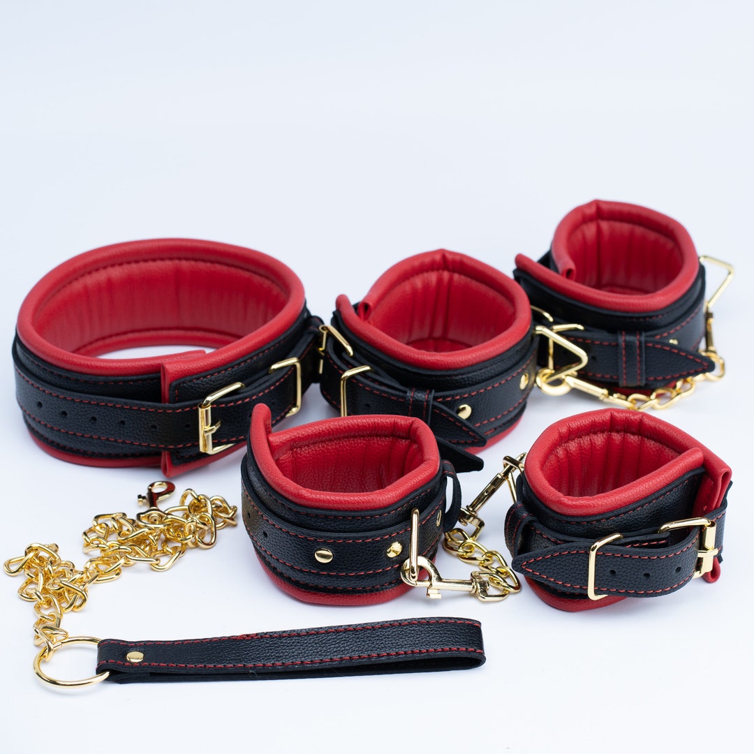 Luxury Red Black Restraints Kit, Black Set With Red, Leather Restraints ...