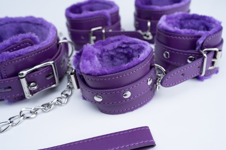 Purple Restraints Set With Plush, Plush Bondage Kit, Leather Restraints ...