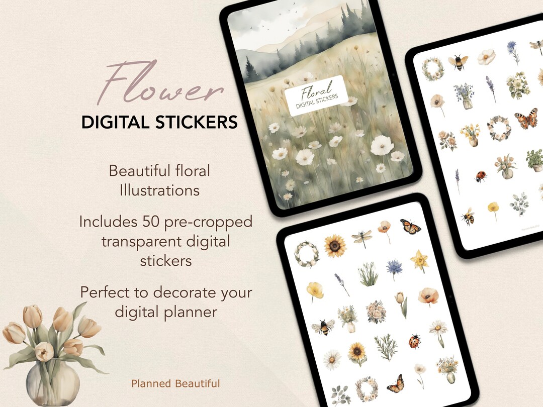 Flower Digital Stickers, Aesthetic Floral Digital Sticker Pack ...