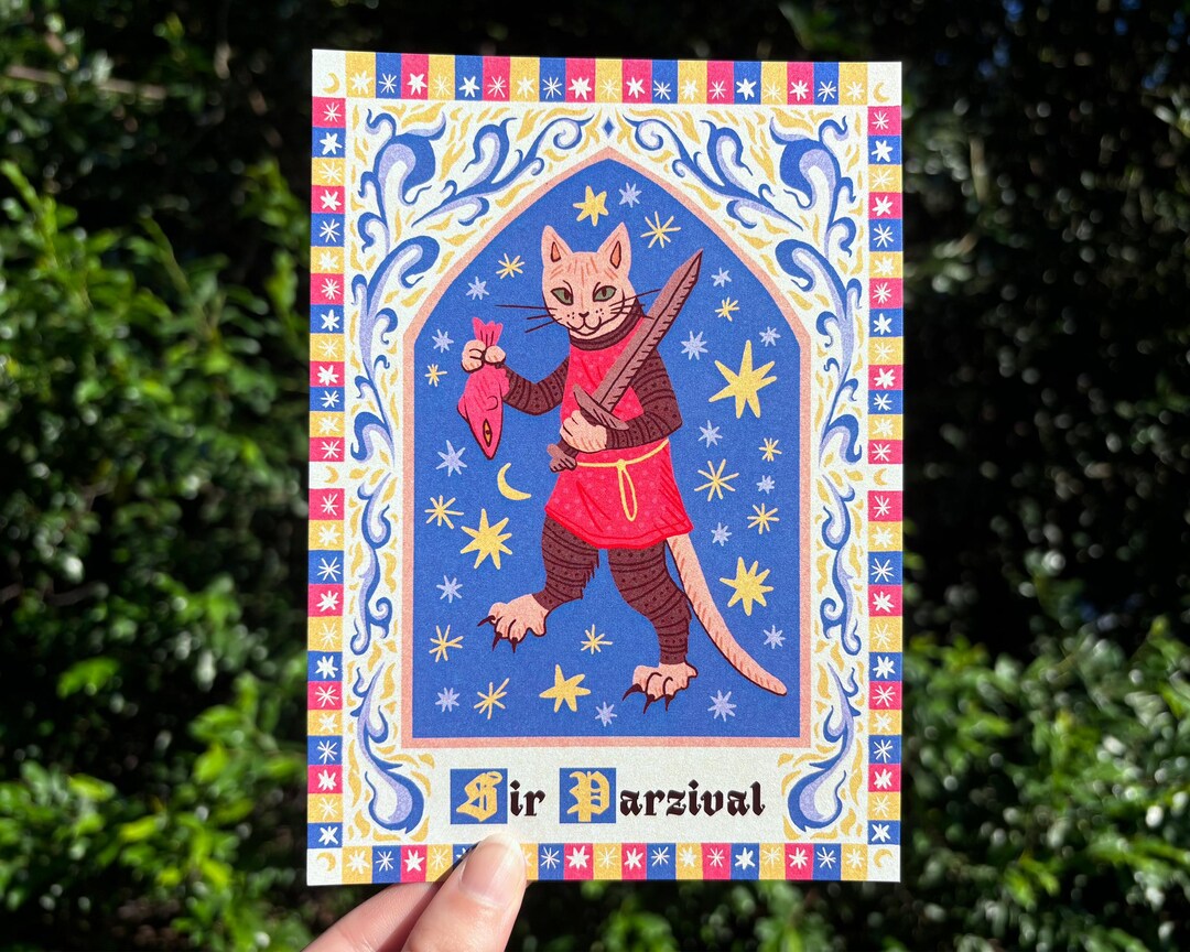 Sir Parzival the Cat Knight Medieval Style Print - 5x7 Art Illustration ...