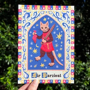 Sir Parzival the Cat Knight Medieval Style Print - 5x7 Art Illustration ...