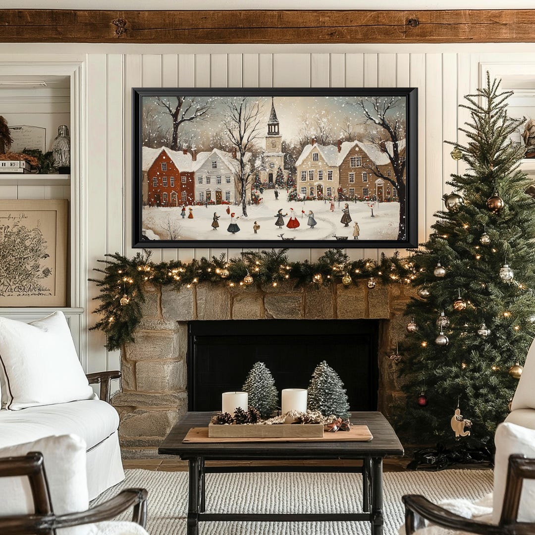 Christmas Village Frame TV Art: Cozy Holiday Living Room (digital ...