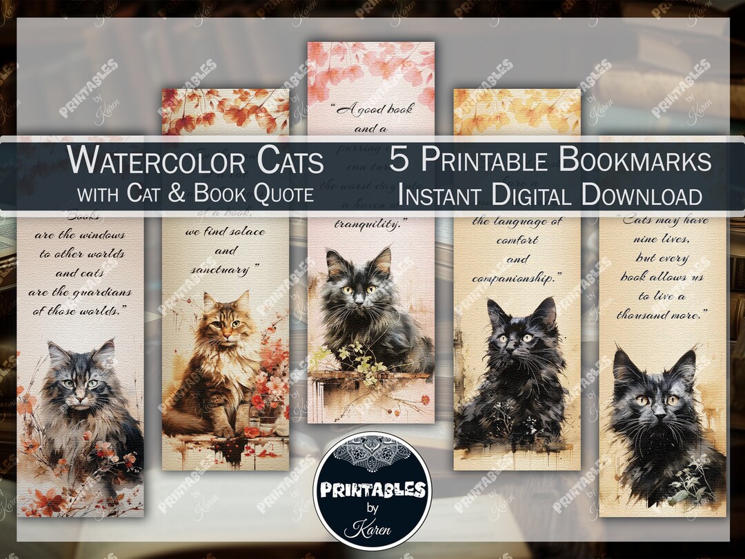 Cat Bookmark PNG, 5 Cat Lover Printable Bookmarks, Watercolor Cat Art ...
