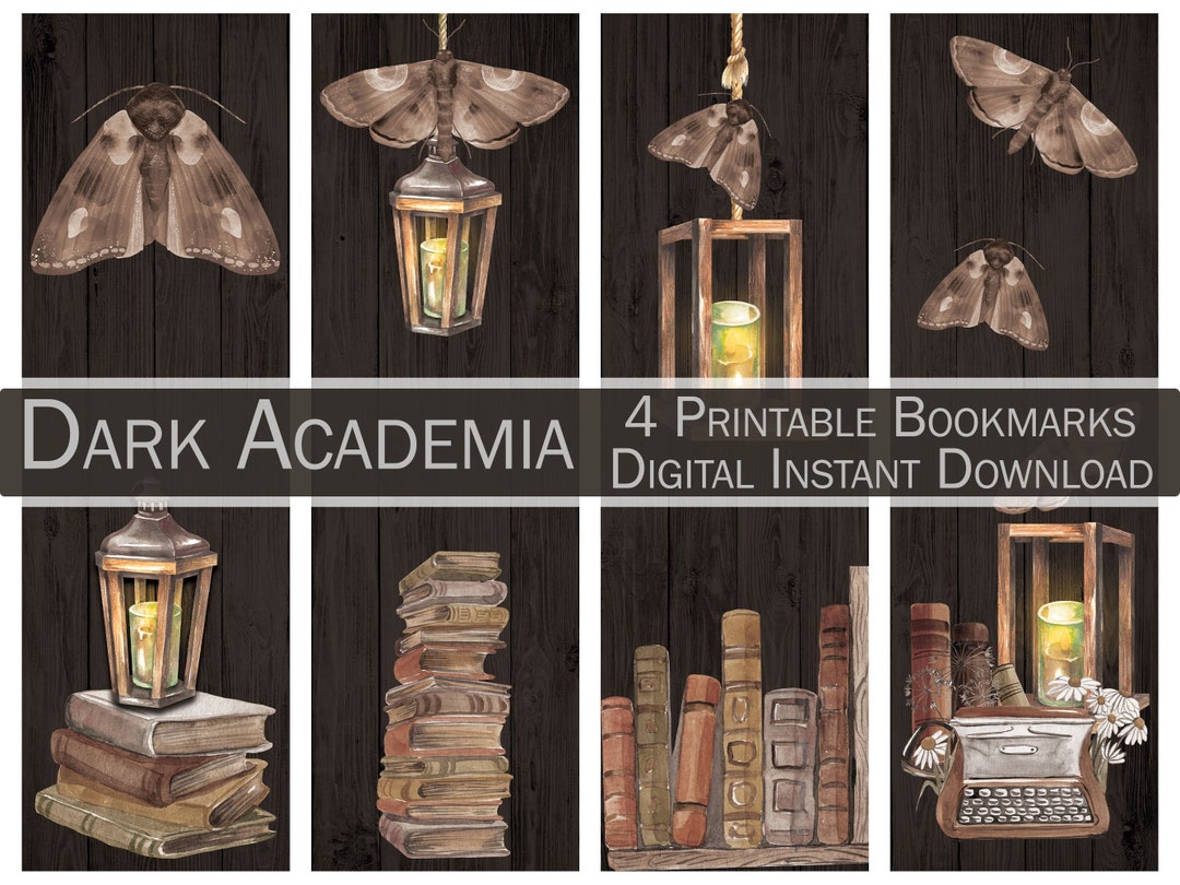 Dark Academia Printable Bookmark Set. Watercolor Moths, Candles & Books ...