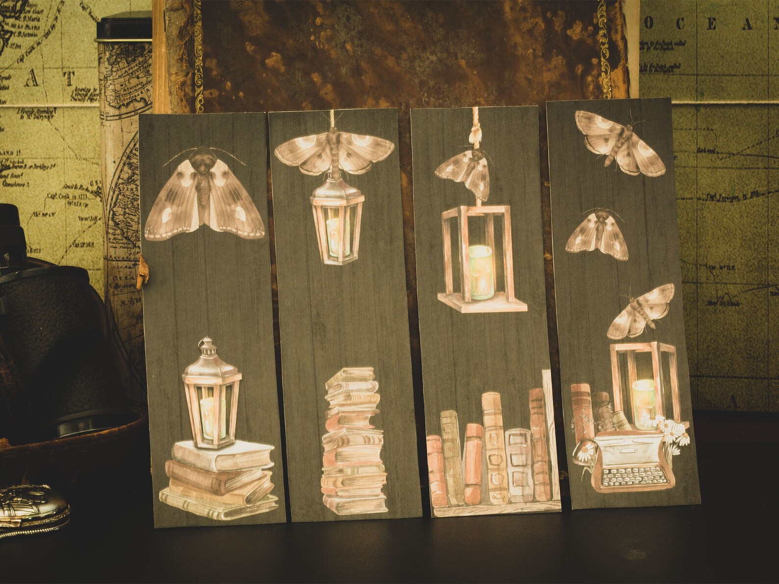 Dark Academia Printable Bookmark Set. Watercolor Moths, Candles & Books ...