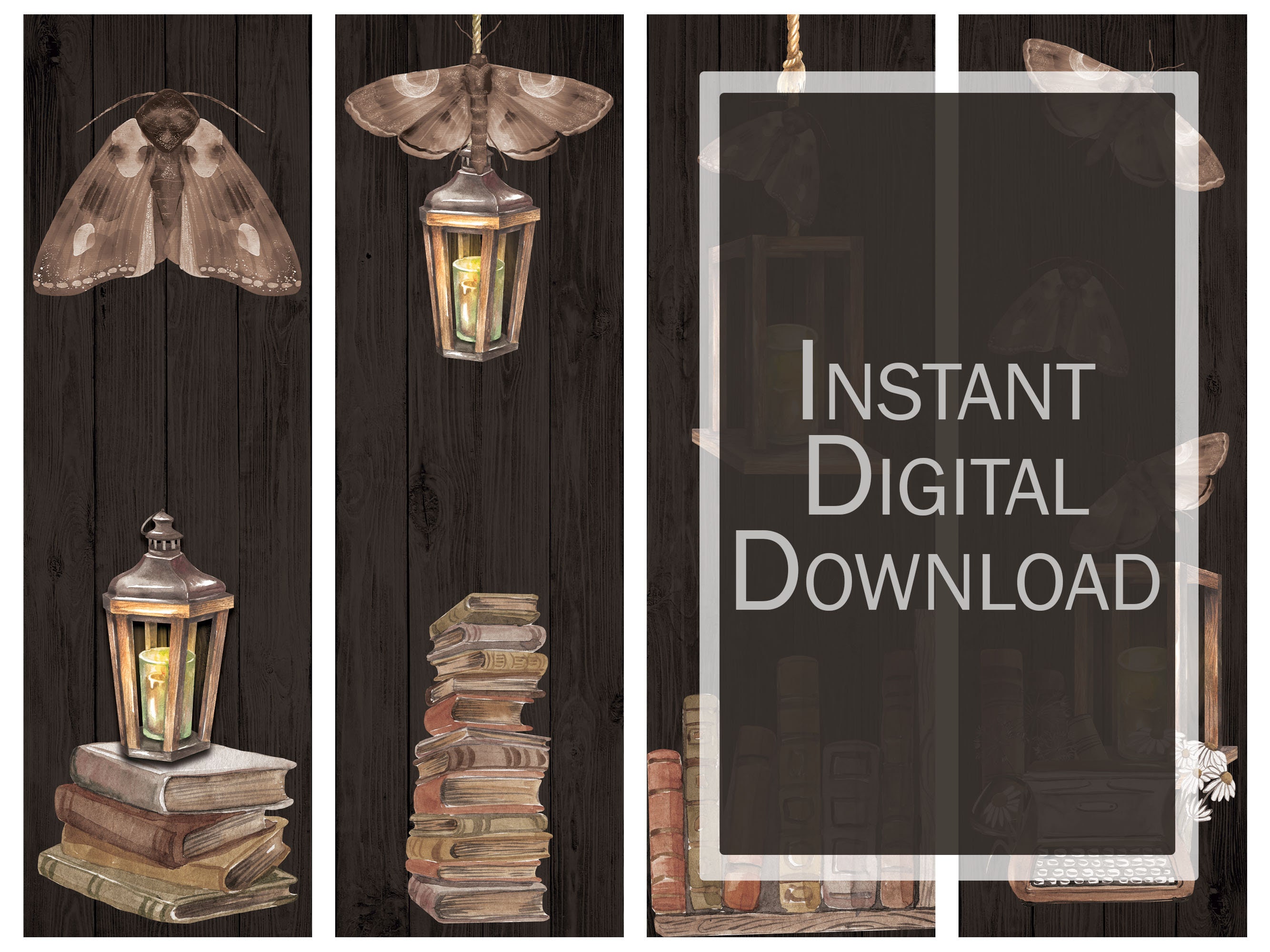 Dark Academia Printable Bookmark Set. Watercolor Moths, Candles & Books ...