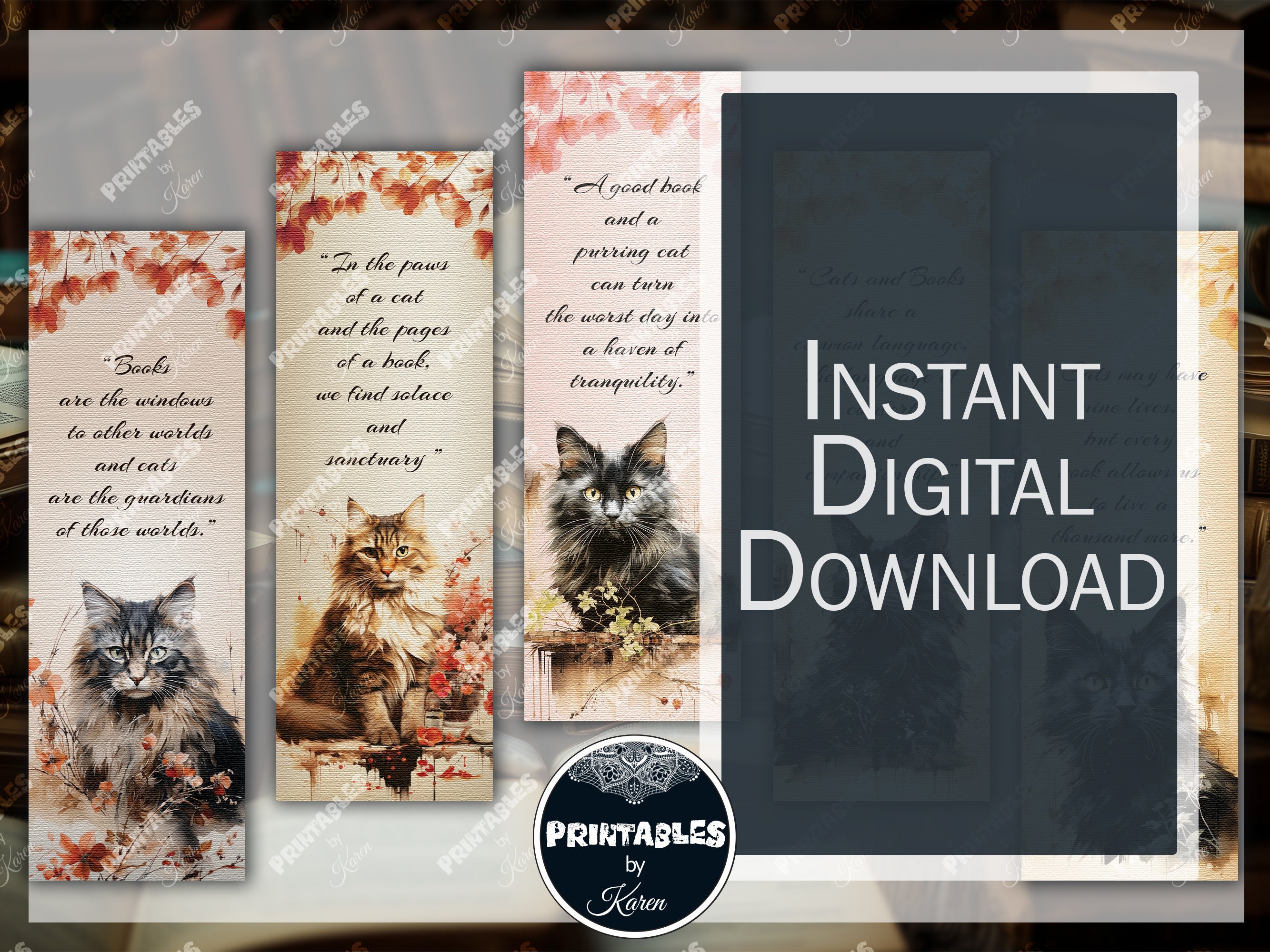 Cat Bookmark PNG, 5 Cat Lover Printable Bookmarks, Watercolor Cat Art ...