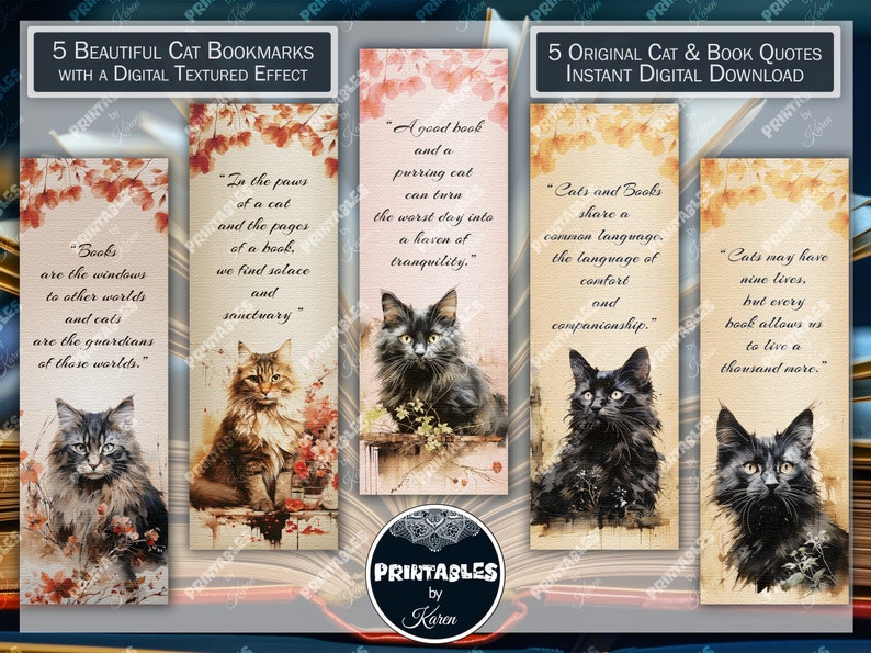 Cat Bookmark PNG, 5 Cat Lover Printable Bookmarks, Watercolor Cat Art ...