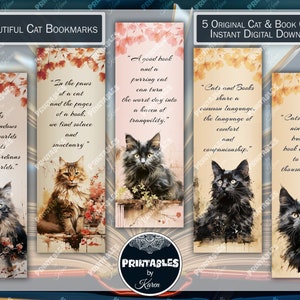Cat Bookmark PNG, 5 Cat Lover Printable Bookmarks, Watercolor Cat Art ...