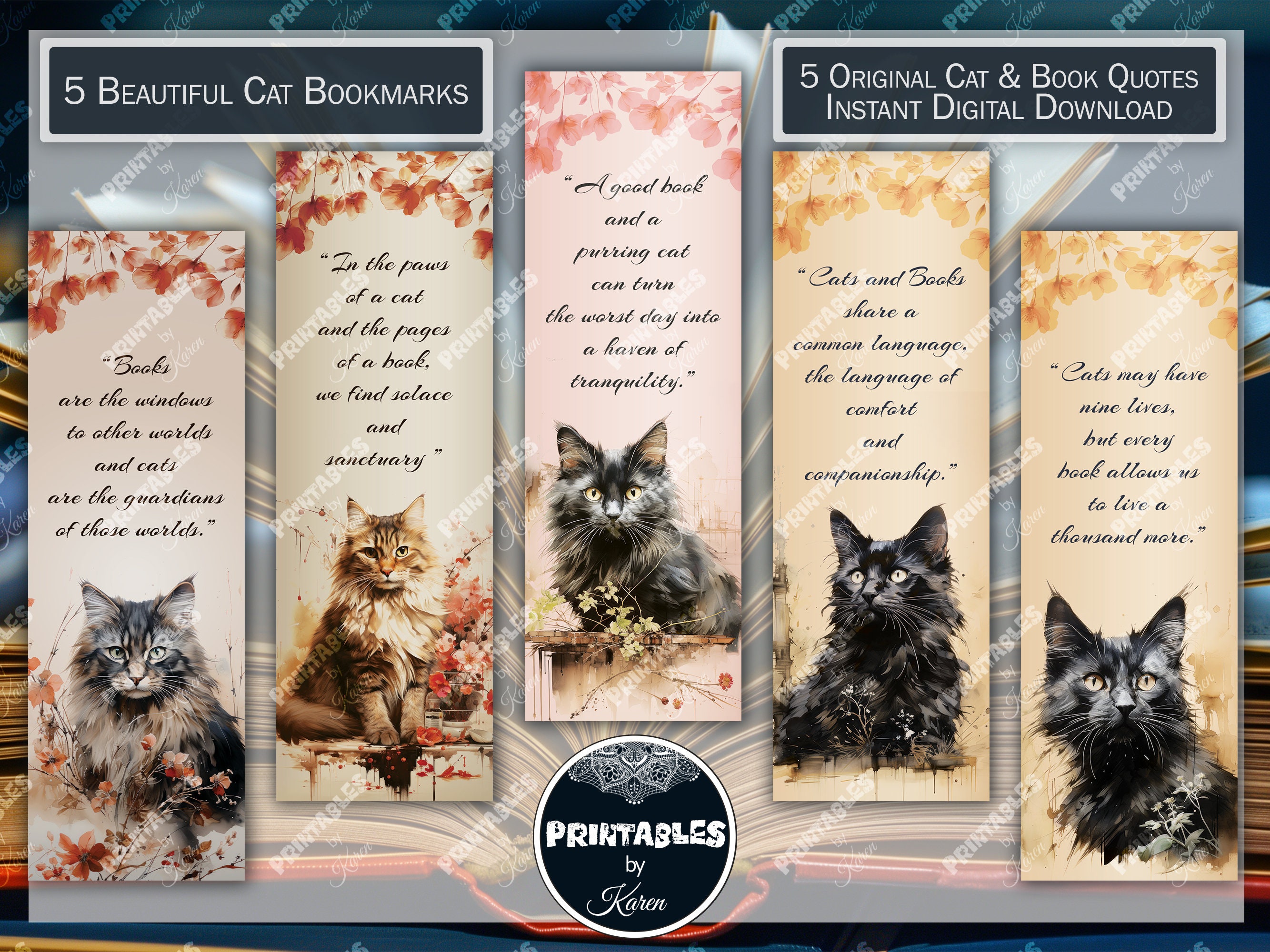 Cat Bookmark PNG, 5 Cat Lover Printable Bookmarks, Watercolor Cat Art ...