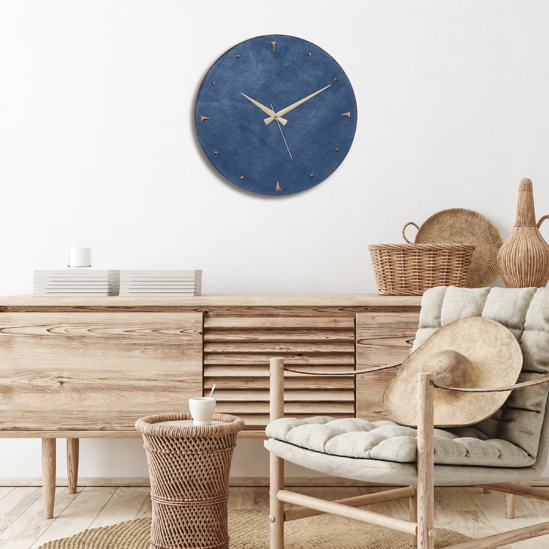 Leather Wall Clock, Blue Wall Clock, Unique Wall Clock, Large Wall ...