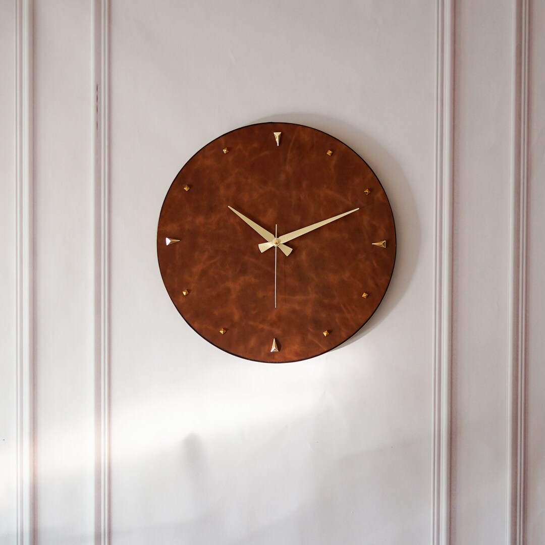 Leather Wall Clock, Brown Wall Clock, Unique Wall Clock, Large Wall ...
