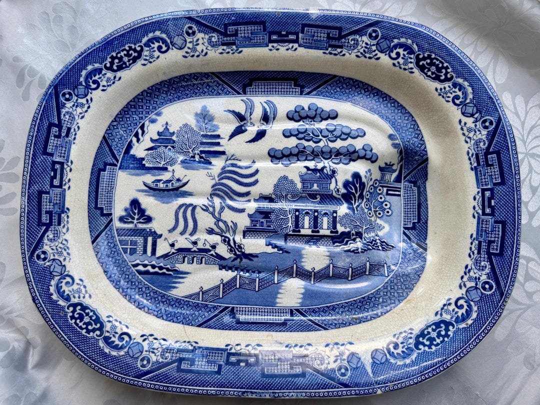 Circa 1840 English Blue Willow “well & Tree” Meat Platter – Monumental ...