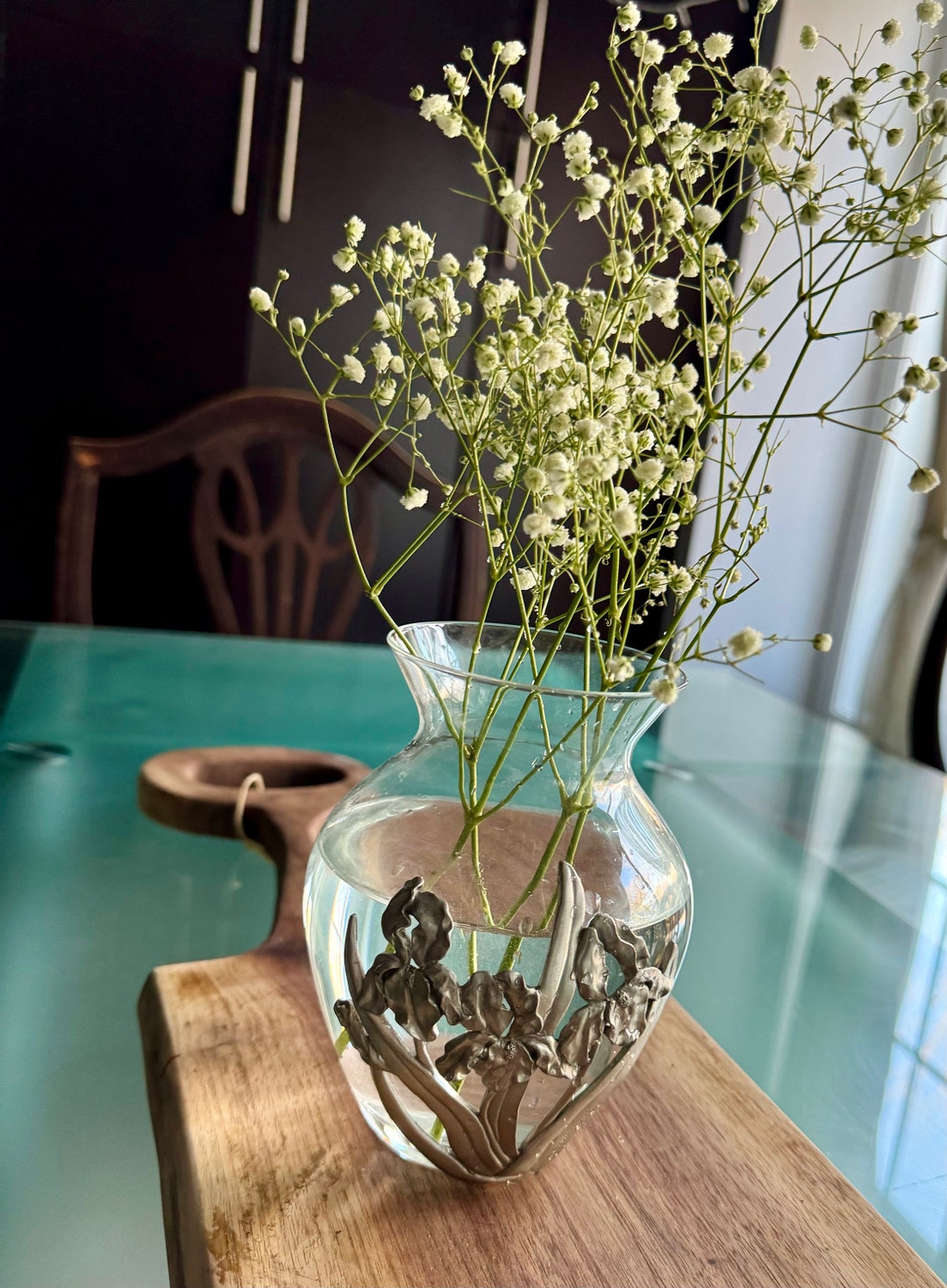 Artist Silver Pewter Flower Urn Vase 1992 Seagull Iris Pewter Overlay ...