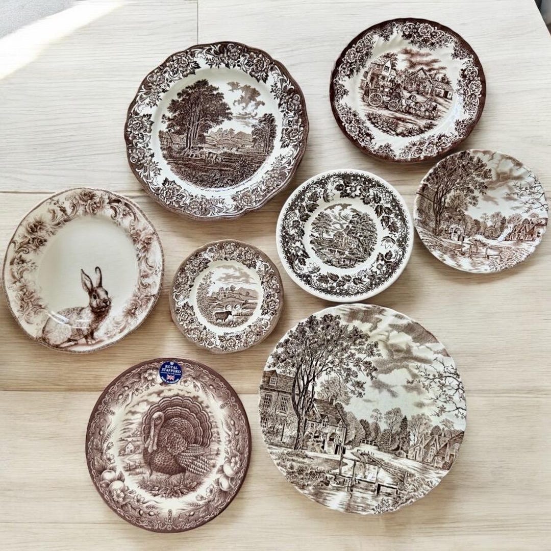Vintage Brown Transferware Wall Gallery – Set of 8 Plates – Eclectic ...